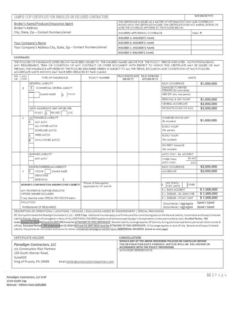 Sample Subcontractor COI 1319 S Cap | PDF | Liability Insurance | Insurance
