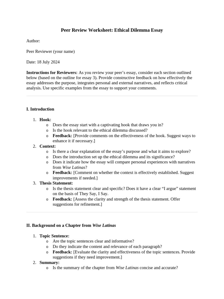 Peer Review Guide for Ethical Dilemma Essay | PDF | Essays | Narrative
