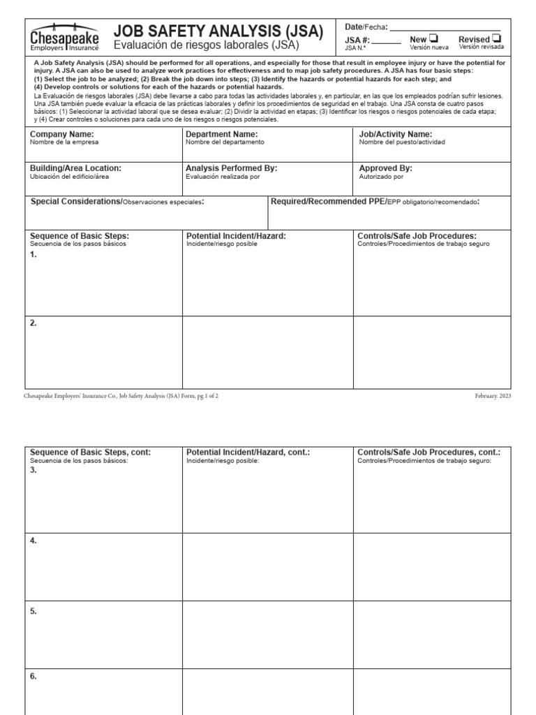Job Safety Analysis Form - FILLABLE PDF - English Spanish - 02.23 | PDF