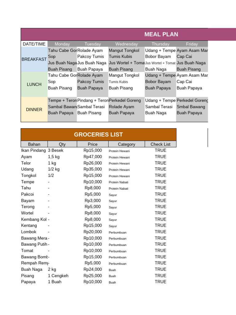 Weekly Meal Plan and Grocery List | PDF