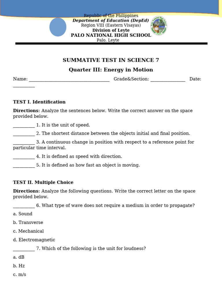 g7 3q Summative Test | PDF | Waves | Sound