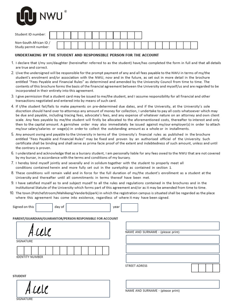 NWU Financial Undertaking With Adress - Final | PDF | Business | Common Law