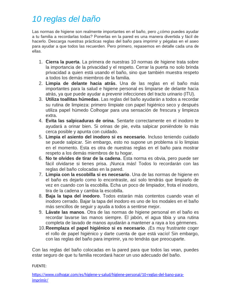 10 Reglas Del Baño | PDF | Higiene | Baño