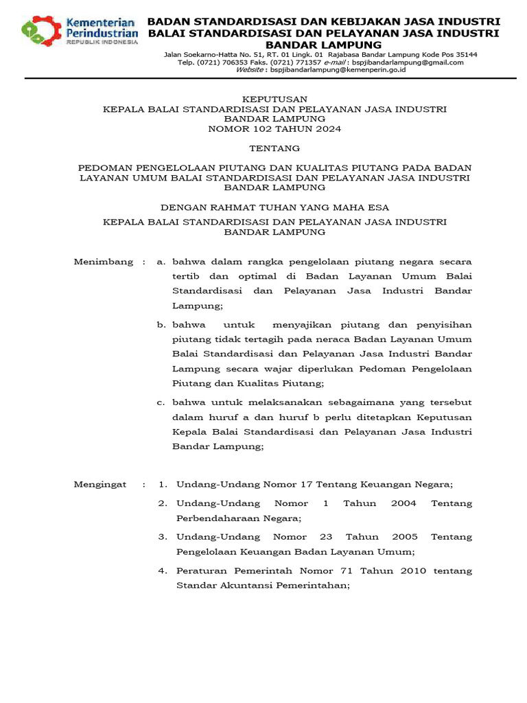 SK 102 Pedoman Pengelolaan Piutang | PDF