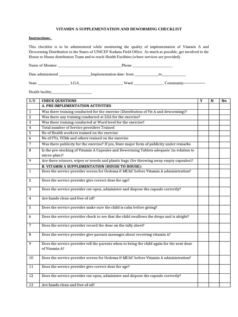 Vitamin A and Deworming Monitoring Checklist | PDF | Dose (Biochemistry ...
