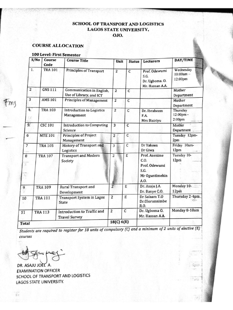 School of Transport and Logistics 100L First Semester Course Code | PDF School of Transport and Logistics 100L First Semester Course Code | PDF