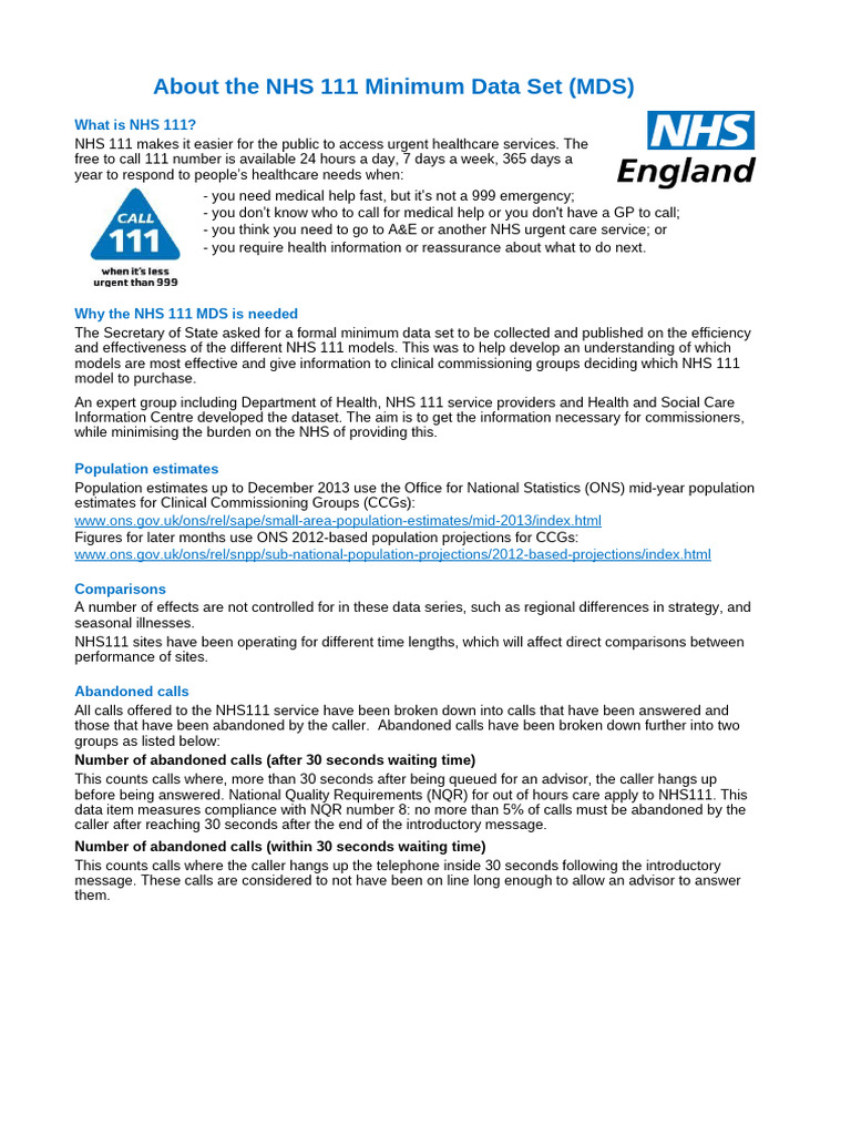NHS 111 Minimum Data Set Overview | PDF | Primary Care | National ...