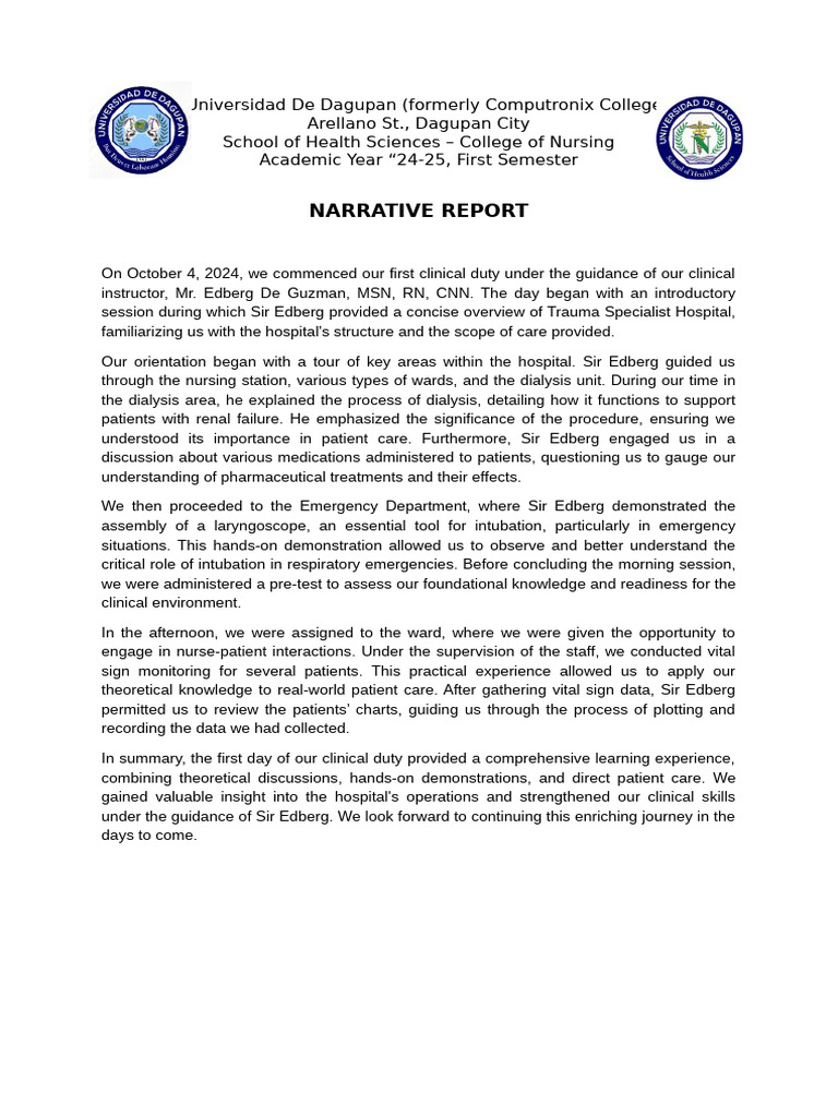 Dagupan Nursing Clinical Duty Report | PDF | Nursing | Hospital