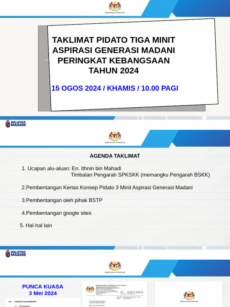 Taklimat Pelaksanaan Pidato 3 Minit Aspirasi Generasi Madani 2024 | PDF