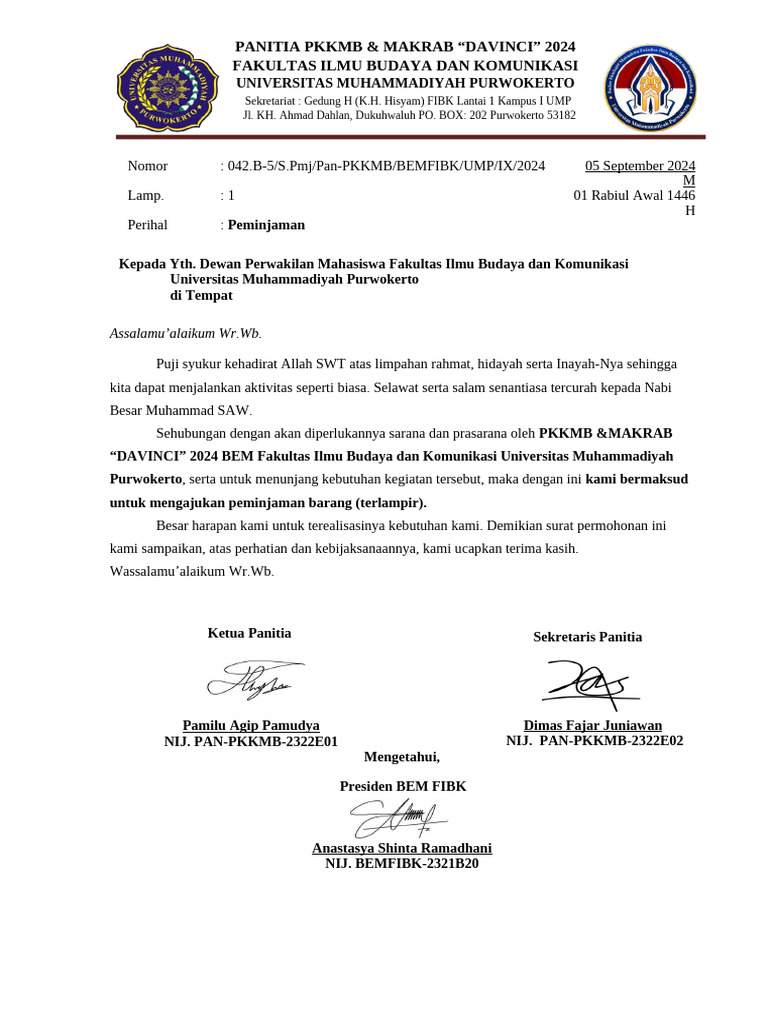 Peminjaman Barang PKKMB Davinci 2024 | PDF