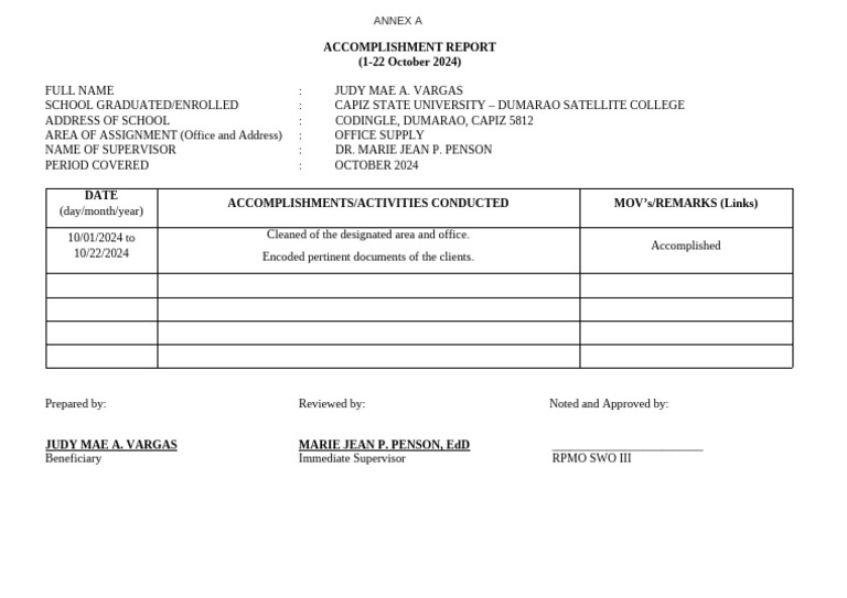 Annex A - Accomplishment Report For DTR | PDF