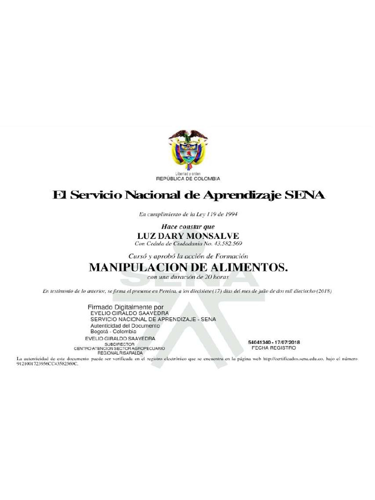 Certificado de Alimentos | PDF