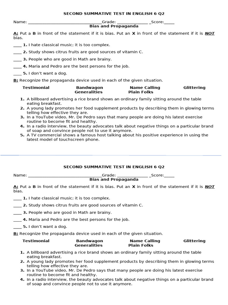 Second Summative Test in English | PDF