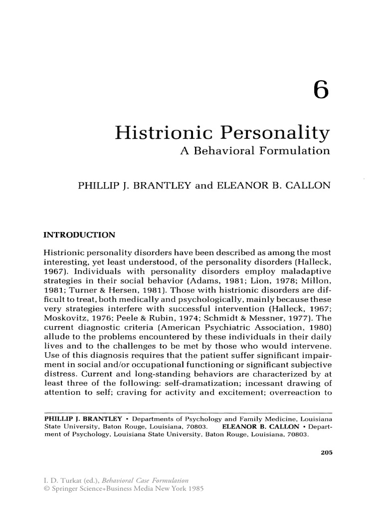 Histrionic Pers. A Bhavioral Formulation | PDF | Hysteria | Personality ...