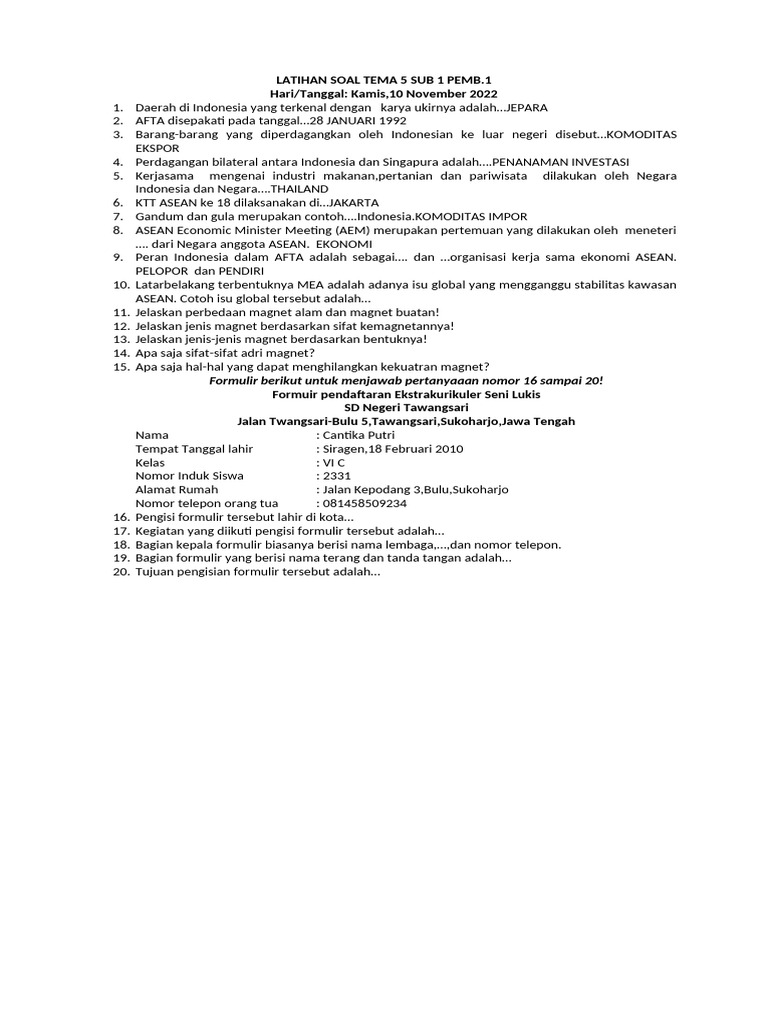 Latihan Soal Tema 5 Sub 1 Pemb | PDF