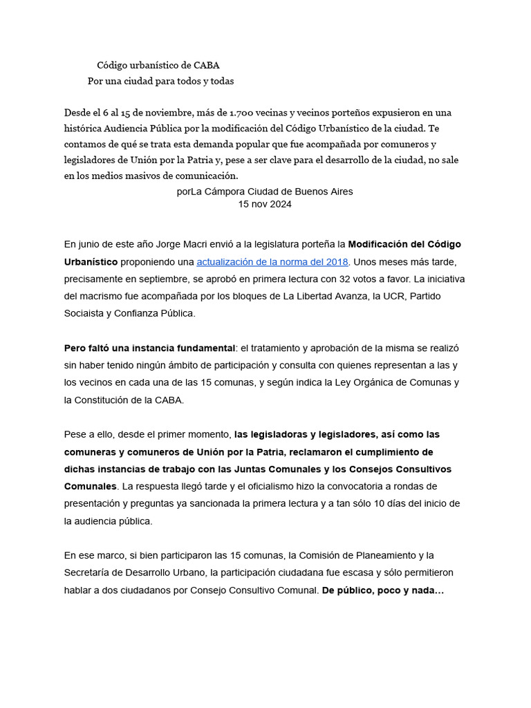 Modificación del Código Urbanístico CABA | PDF | Buenos Aires | Gobierno
