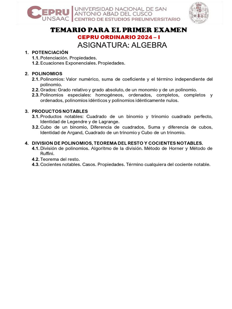 Temario - Algebra - Primer Examen | PDF