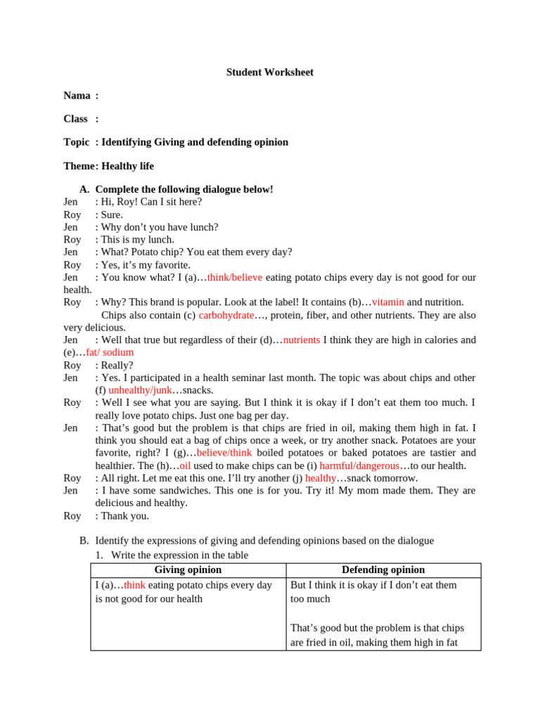 Student Worksheet (Giving Opinion and Defending Opinion) | PDF
