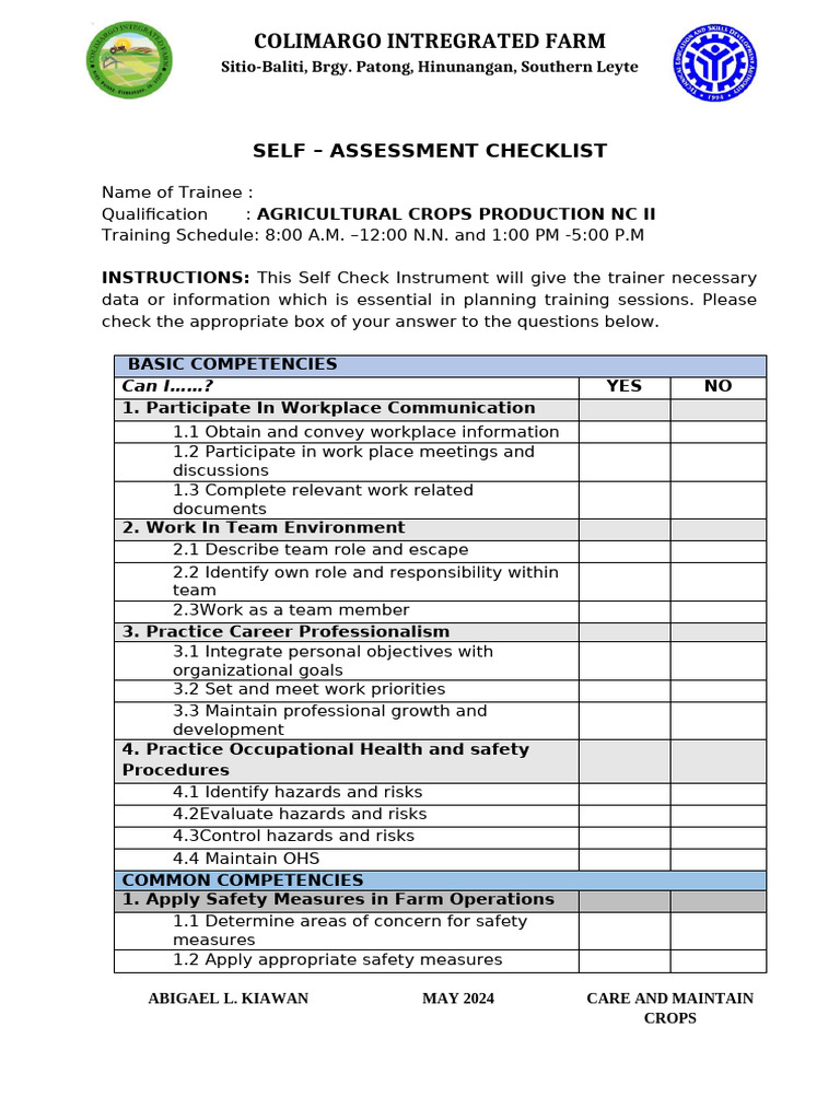 Self-Assessment Checklist | PDF | Plant Nursery | Risk