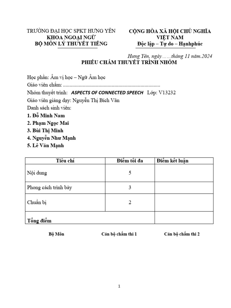 2024 - Phiếu chấm thuyết trình nhóm - am vi ngu am hoc | PDF