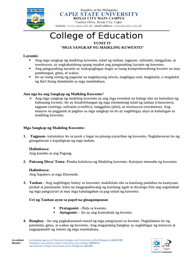 Fil 112 Yunit IV Mga Sangkap NG Maikling Kwento | PDF