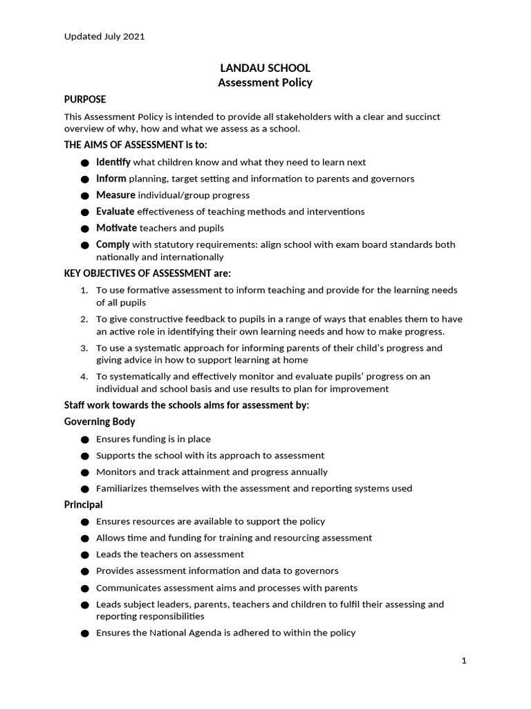 Landau School Assessment Policy: Purpose | PDF | Educational Assessment ...