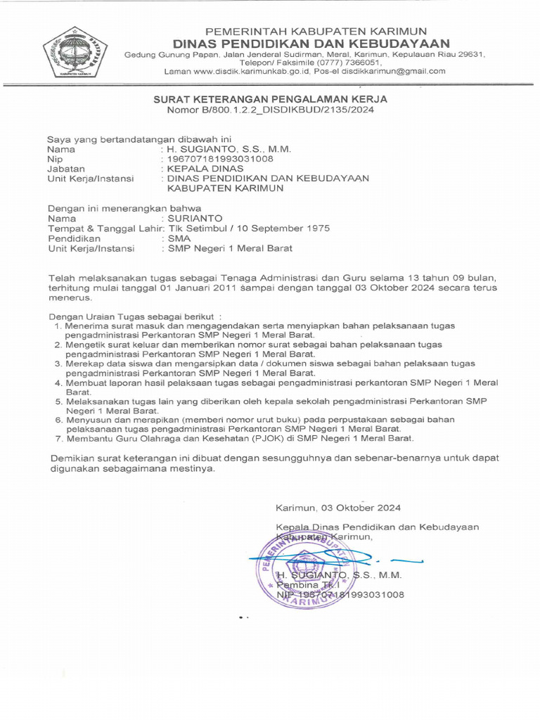 Surat Pengalaman Kerja Surianto-1 | PDF