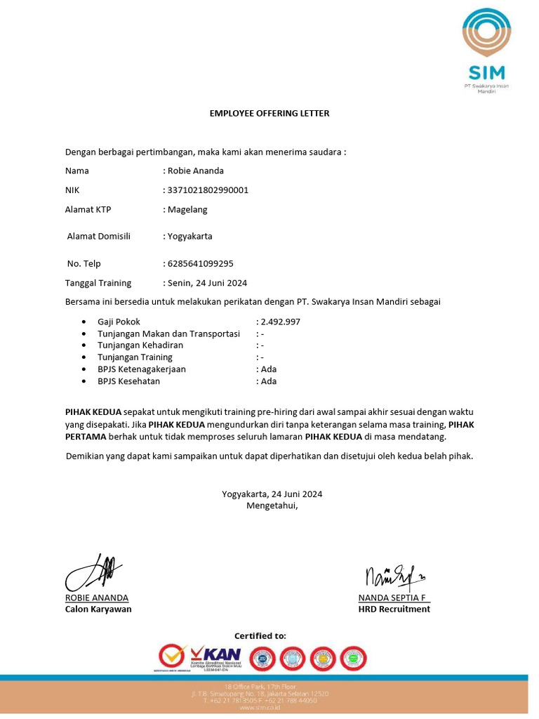Surat Penawaran Kerja Robie Ananda | PDF | Karier & Perkembangan