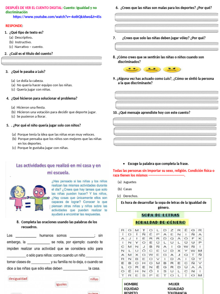 Ficha #7 Comunicación 14 de Noviembre 2024 Cuento Igualdad y No Discriminacion | PDF