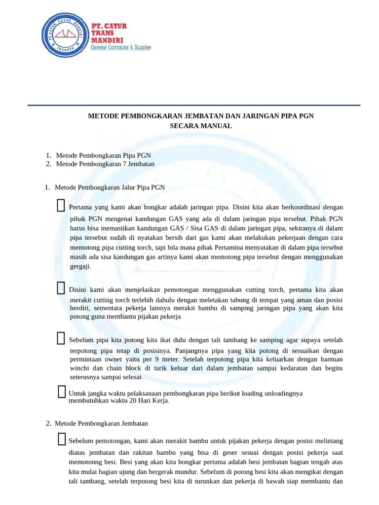 Pipe Dismantling Work Methods | PDF | Teknologi & Rekayasa