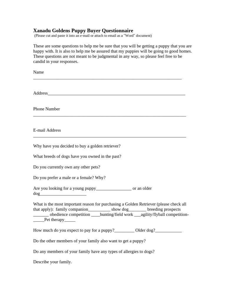 Goldens Puppy Questionnaire | PDF | American Kennel Club | Dog Breeding