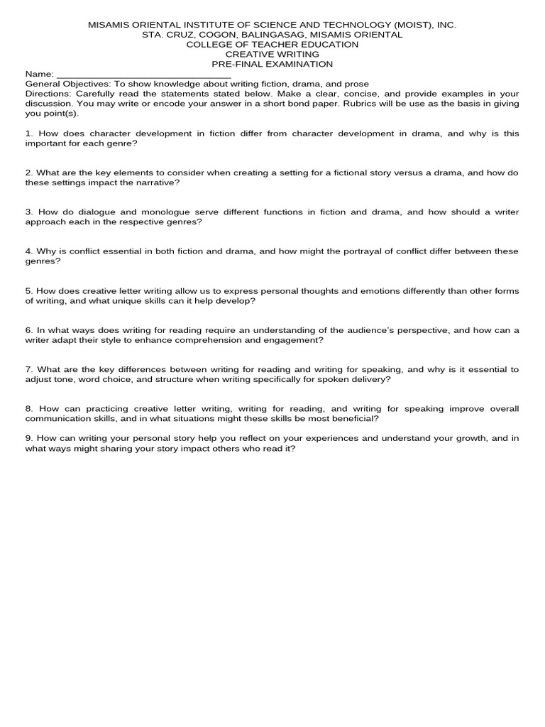 Creative Writing Pre Final | PDF | General Fiction