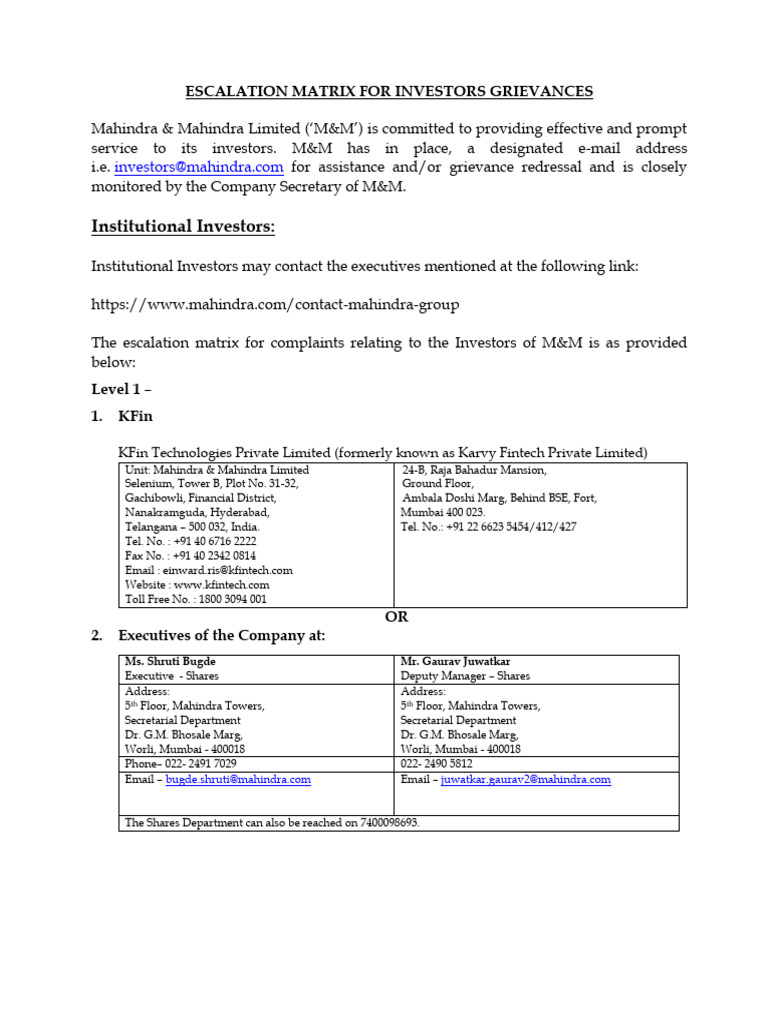 Investor Grievance Redressal Escalation Matrix | PDF