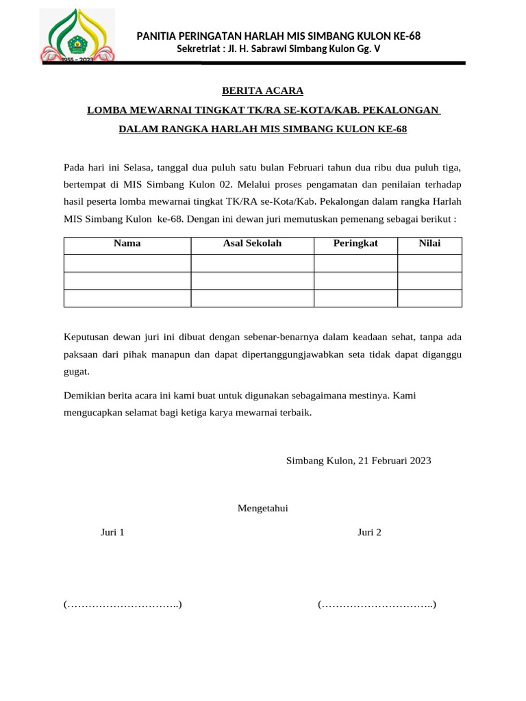 Berita Acara Lomba Harlah MIS 68 | PDF