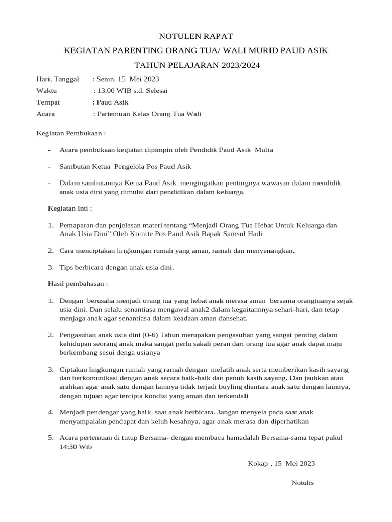 NOTULEN RAPAT Parenting 2023 | PDF