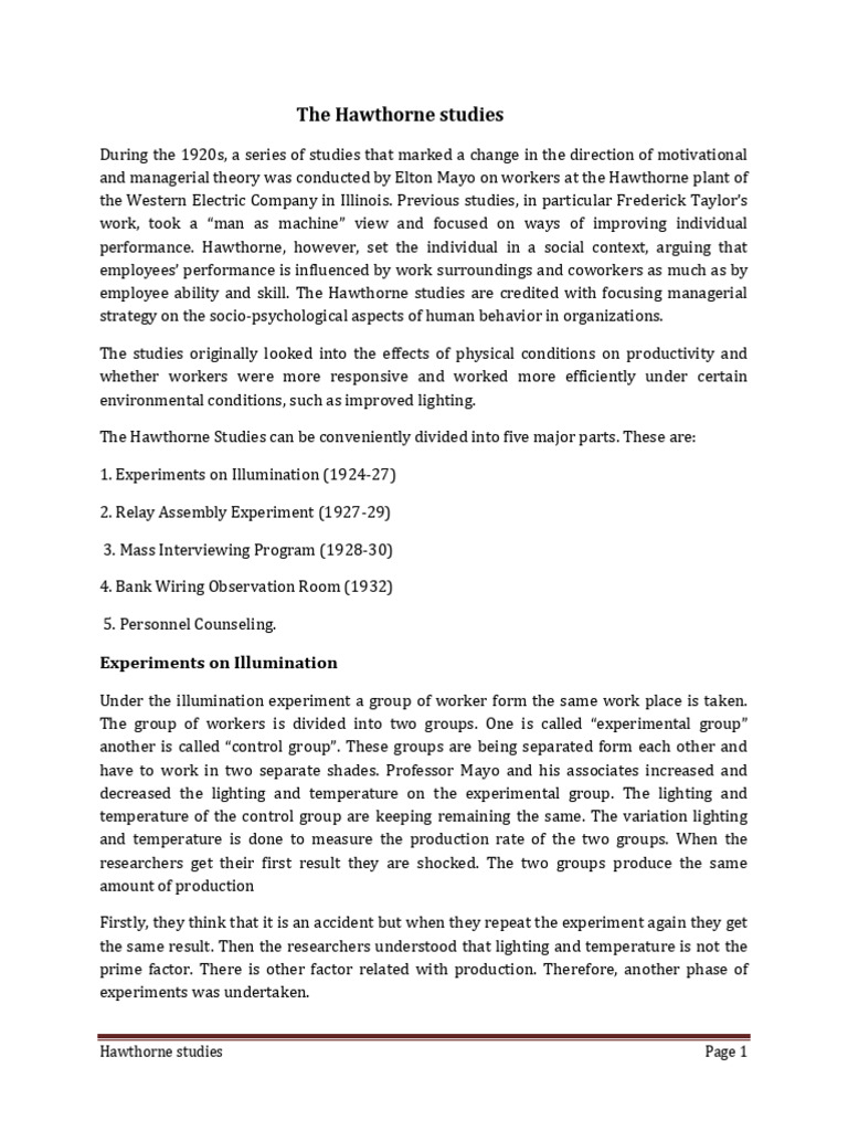 The Hawthorne Studies | PDF | Social Psychology | Psychology