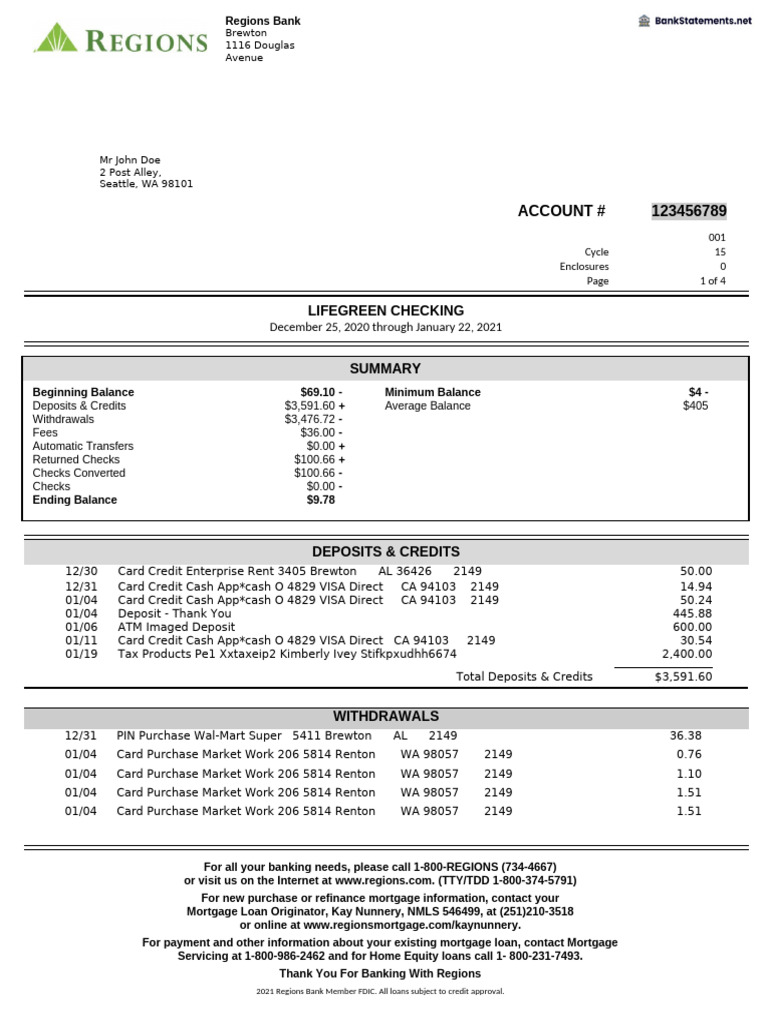 Regions Bank Statement | PDF | Financial Services | Personal Finance