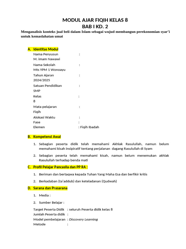 Modul Ajar Fiqih Kelas 8.KD 1 (Bab 1) | PDF