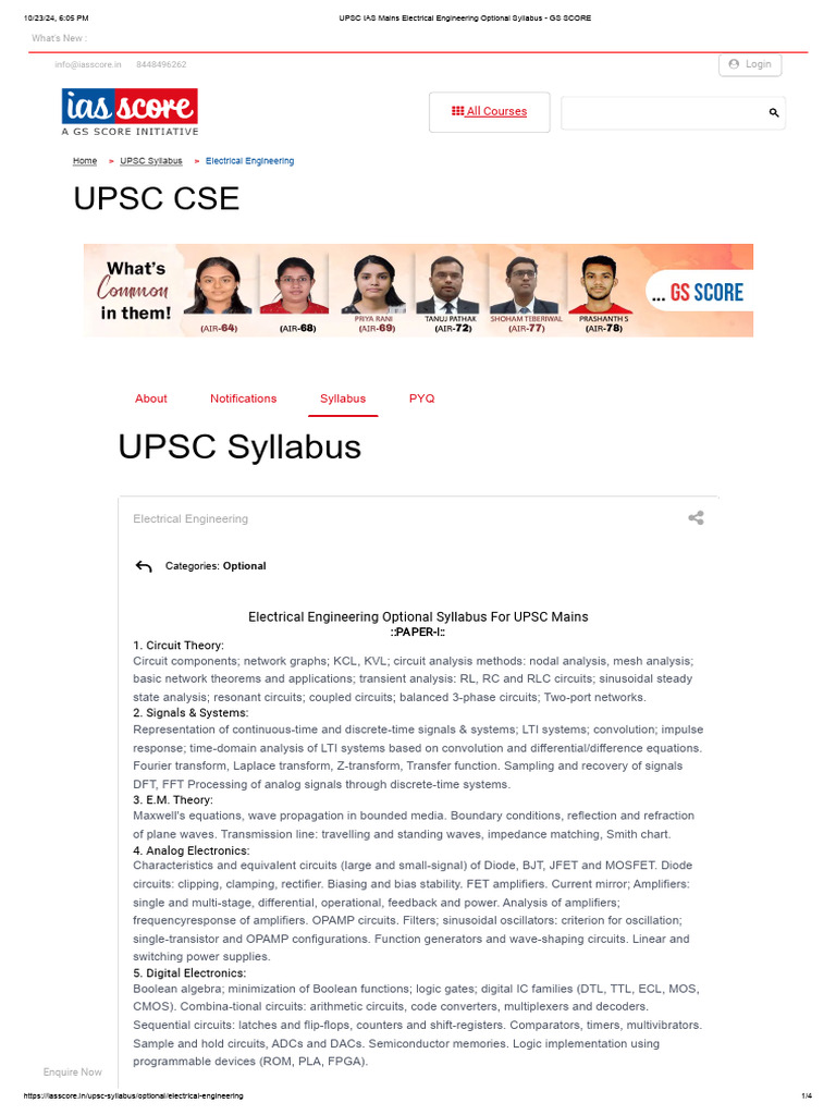 UPSC IAS Mains Electrical Engineering Optional Syllabus - GS SCORE | PDF | Electronic Circuits ...