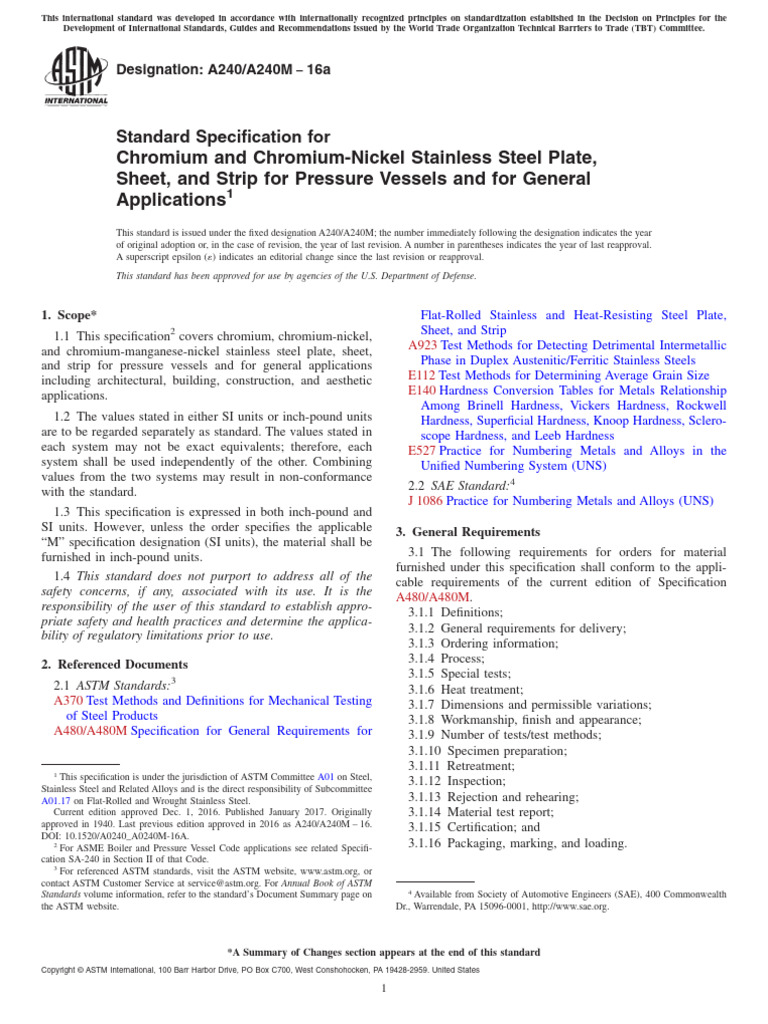 ASTM A240 Specification Overview | PDF | Stainless Steel | Hardness