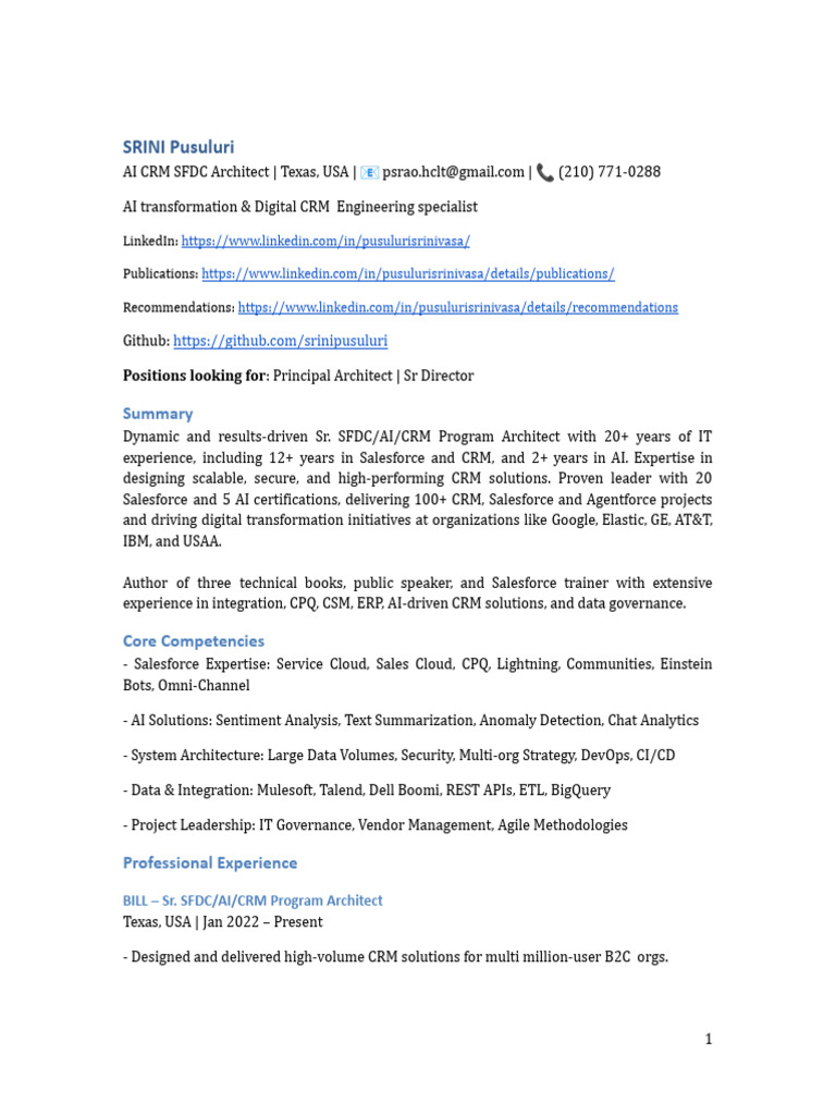 SRINI Pusuluri Resume v1.0 Non82024 | PDF | Customer Relationship Management | Cloud Computing