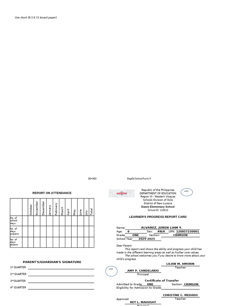 SF 9 Report Card Automated Sy 2024 2025 Matatag | PDF | Learning ...
