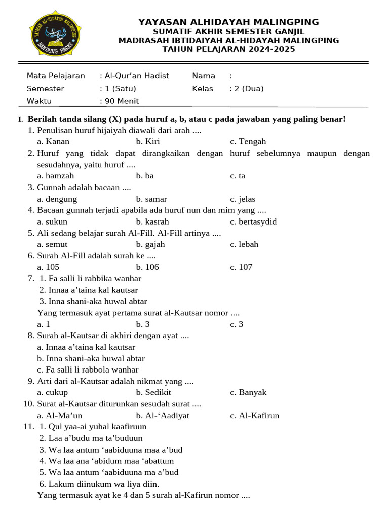 Soal Sas Semester Ganjil KLS 2 Al-Quran Hadist | PDF