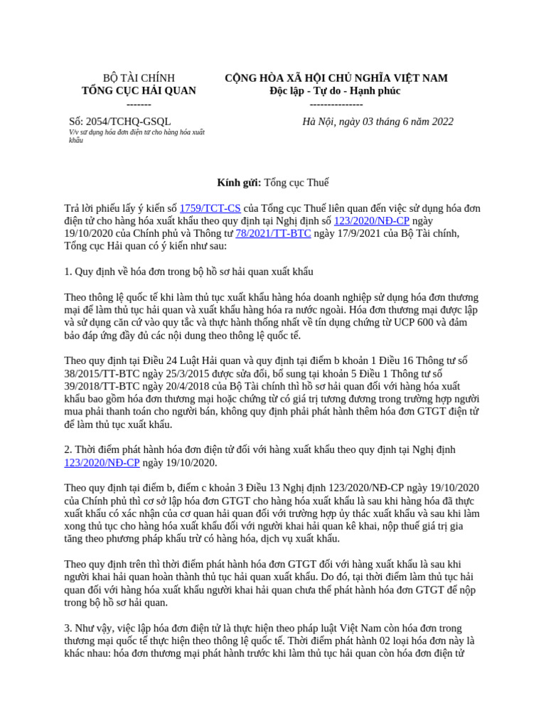 CV - 2054 - Xuat Hoa Don Dien Tu Cho Viec Xuat Khau | PDF