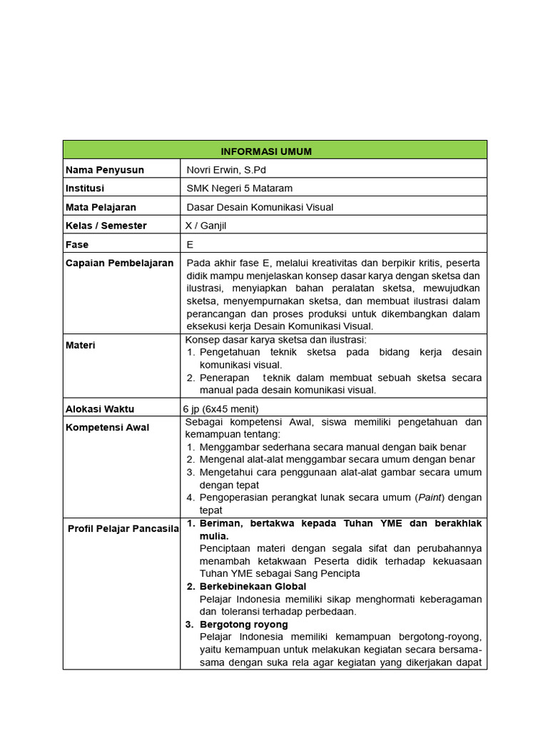 MODUL AJAR Sketsa Dan Ilustrasi - Pertemuan Ke-1 (Asli) | PDF | Karier & Perkembangan | Seni