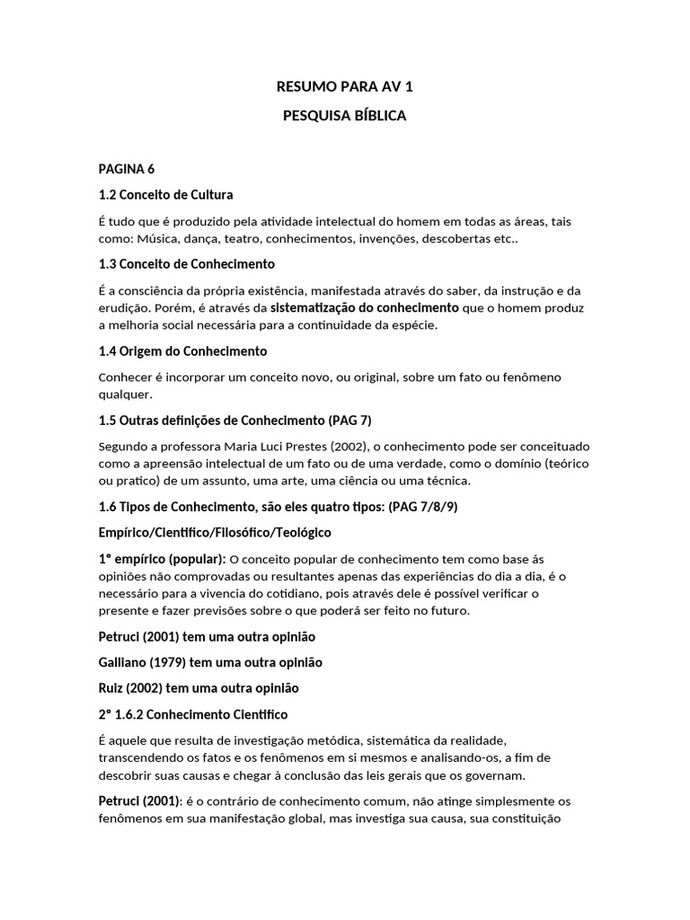 Resumo para Av1 - Pesquisa Biblica-1 | PDF | Método científico | Conhecimento