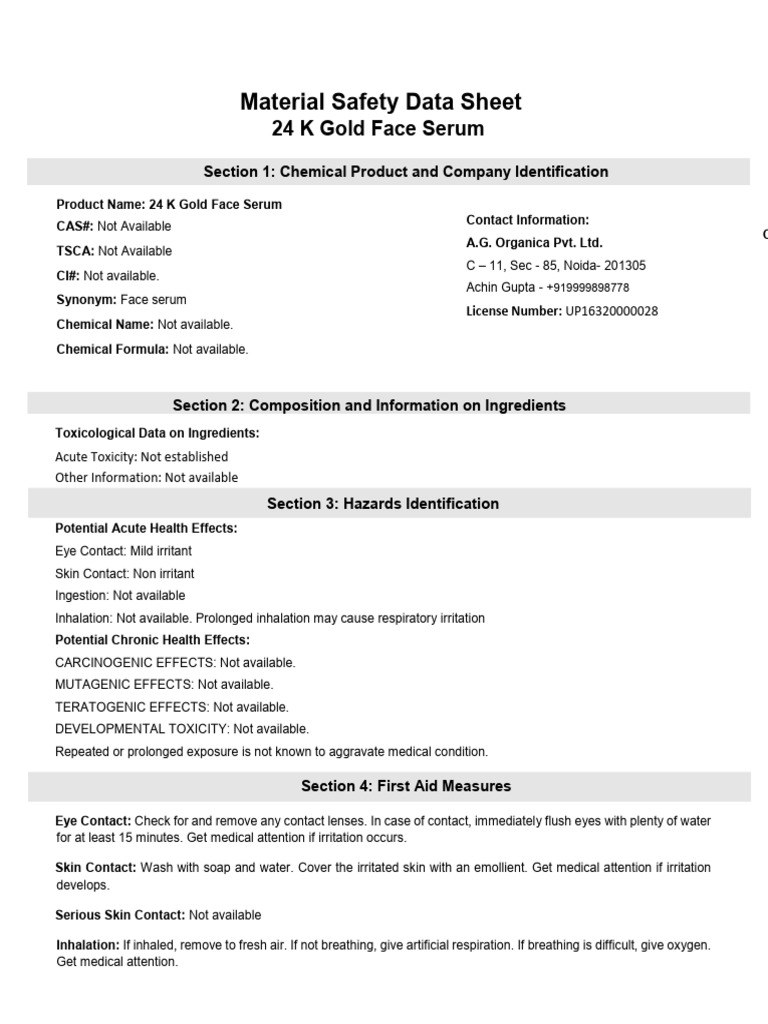 24 K Gold Face Serum Msds | PDF | Fires | Combustion