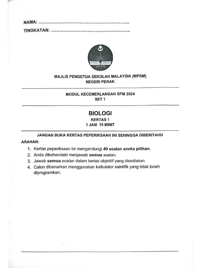 Perak 2024 - Bio1 | PDF