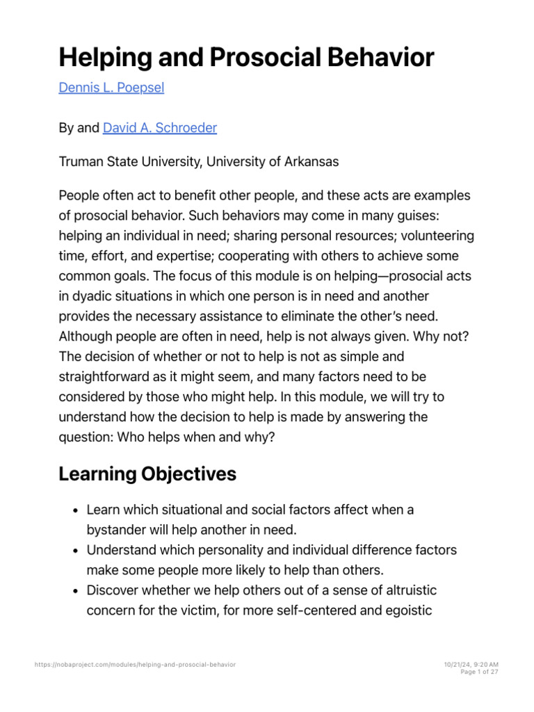 Helping and Prosocial Behavior - Noba | PDF | Altruism | Empathy