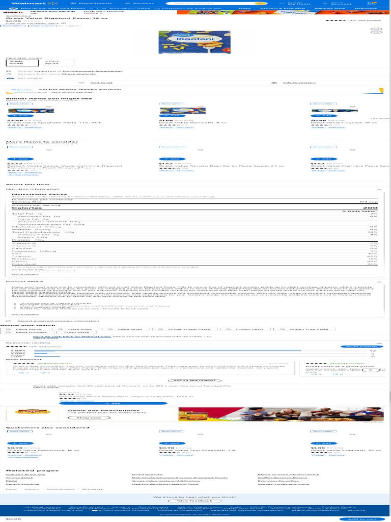 Great Value Rigatoni Pasta, 16 Oz | PDF | Pasta | Fat